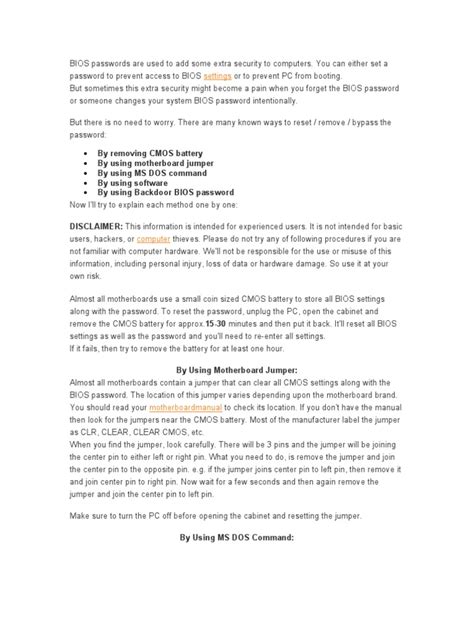 Bios Password Removal In A Computers Pdf Bios Ibm Pc Compatibles