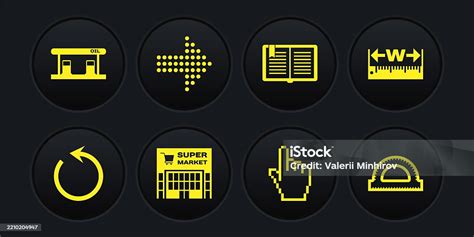 새로 고침 높이 및 길이 측정 슈퍼마켓 건물 픽셀 손 커서 책 열기 점 화살표 각도기 그리드 및 가스 주유소 아이콘을 설정합니다 벡터 건축하기에 대한 스톡 벡터 아트 및