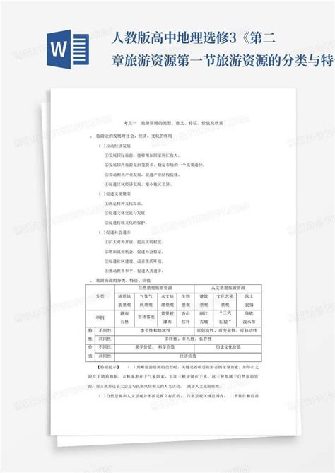 人教版高中地理选修3《第二章旅游资源第一节旅游资源的分类与特性word模板下载编号qjkobzvd熊猫办公