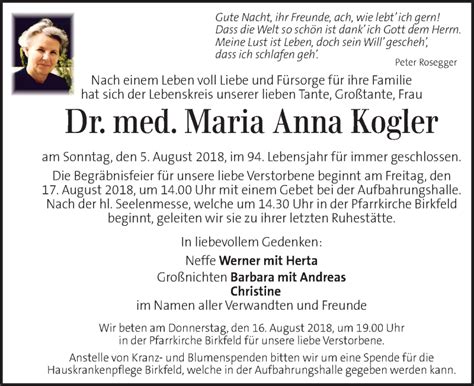 Traueranzeigen Von Maria Anna Kogler Trauer Kleinezeitung At
