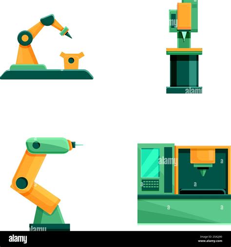 Cnc Machine Icons Set Cartoon Vector Comp Numerical Controlled Milling Machine Industrial Tool