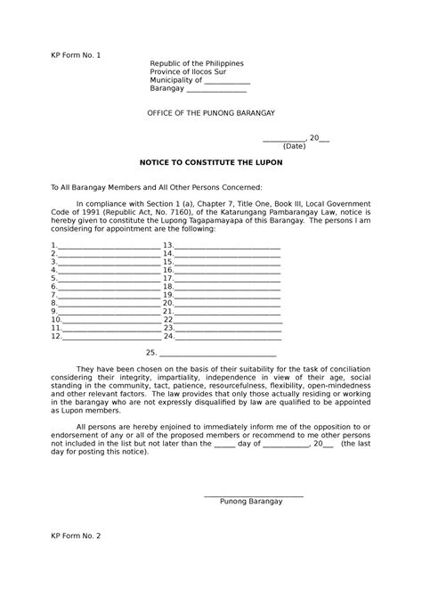 Kp Forms P Moooh Kp Form No 1 Republic Of The Philippines Province