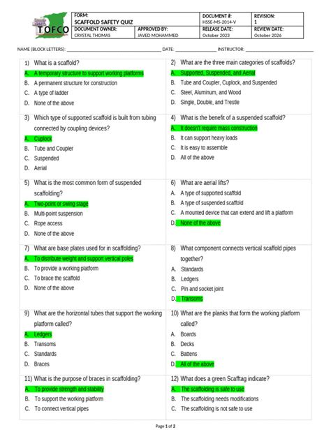 Scaffold And Ladders Safety Quiz Answers Pdf Scaffolding