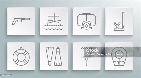 세트 라인 구명 부표 물 위의 낚시 보트 수영 용 고무 오리발 해왕성 삼지창 다이빙 후드 마스크 스노클 및 작살 아이콘 벡터 고대의에 대한 스톡 벡터 아트 및 기타 이미지