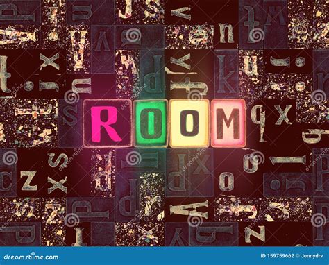 The Word Room As Neon Glowing Unique Typeset Symbols Luminous Letters