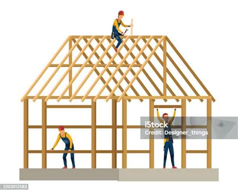 노동자 팀과 함께 집을 짓습니다 새로운 건설 건축 현장 엔지니어링 건설 현장에서 집과 함께 작업 과정 벡터 만화 일러스트 레이 션 개념에 대한 스톡 벡터 아트 및 기타