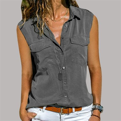 Fafwyp Women Sleeveless Button Down Work Blouse With Pockets V Neck