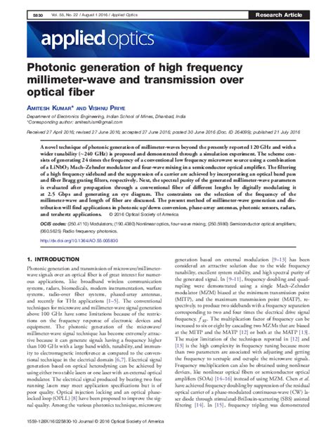 Pdf Photonic Generation Of High Frequency Millimeter Wave And Transmission Over Optical Fiber