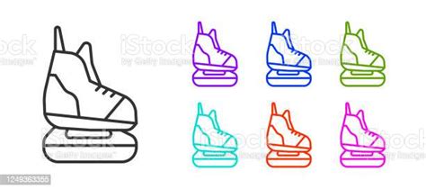 흰색 배경에 격리 된 검은 줄 스케이트 아이콘 아이스 스케이트 신발 아이콘 블레이드가 있는 스포츠 부츠 다채로운 아이콘을 설정합니다 벡터 일러스트레이션 겨울에 대한 스톡