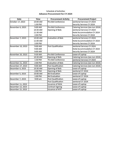 Procurement Calendar Pdf