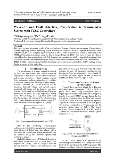 Wavelet Based Fault Detection Classification In Transmission System With Tcsc Controllers Pdf