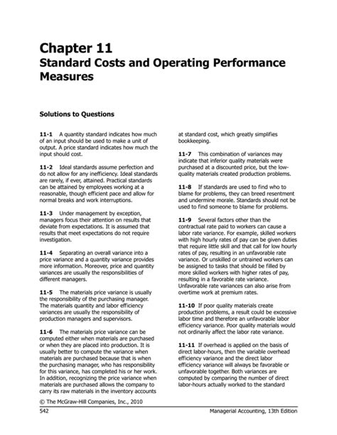 Chapter 11 Standard Costs And Operating Performance Measures Solutions