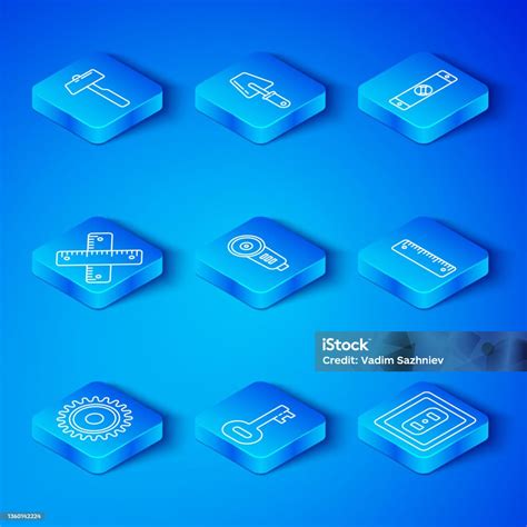 세트 라인 원형 톱날 앵글 그라인더 올드 키 눈금자 건설 버블 레벨 교차 눈금자 망치 및 전기 콘센트 아이콘 벡터 3차원 형태에 대한 스톡 벡터 아트 및 기타 이미지