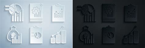 그래프 차트 머니 백 및 다이어그램 파이 인포그래픽 코인 문서 및 아이콘으로 클립보드를 설정합니다 벡터 0명에 대한 스톡 벡터 아트 및 기타 이미지 Istock