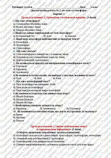 Діагностична робота з географії для 6 класу НУШ по темі «Атмосфера Інші методичні матеріали