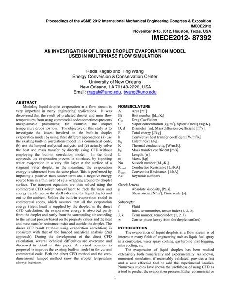 Pdf An Investigation Of Liquid Droplet Evaporation Model Used In Multiphase Flow Simulation