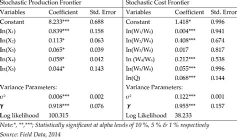 Parameter Estimates From The Maximum Likelihood Stochastic Frontier