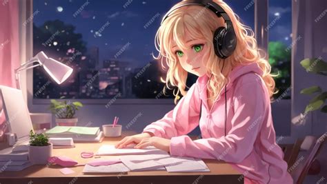 Premium Photo Green Eyes Anime Girl Studying Sitting Near The Window