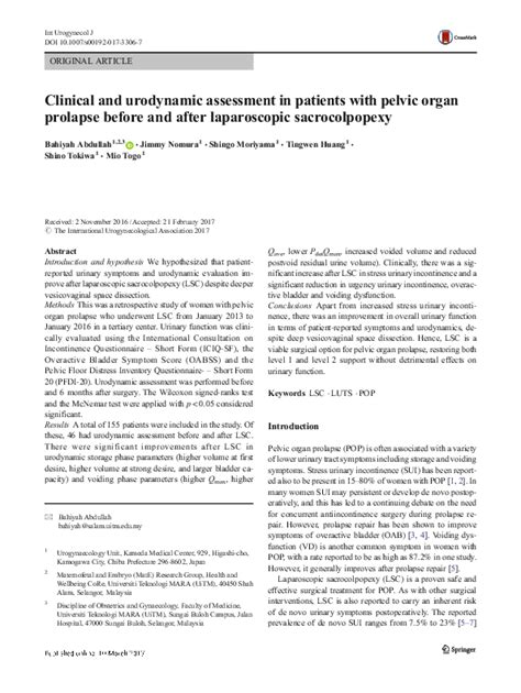 Pdf Clinical And Urodynamic Assessment In Patients With Pelvic Organ