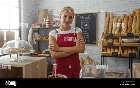 Blonde Woman With Short Hair And Crossed Arms In A Bakery Interior