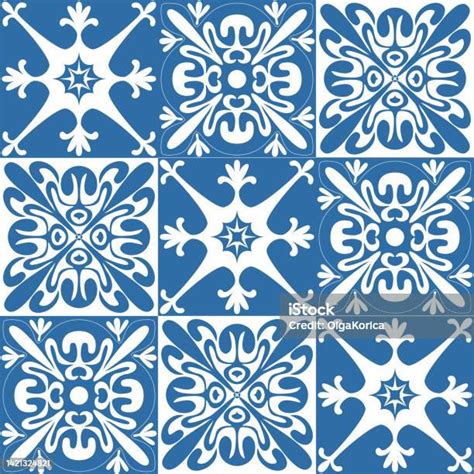 파란색의 원활한 패턴 Azulejo 모자이크 타일 디자인을위한 전통적인 장식품 0명에 대한 스톡 벡터 아트 및 기타 이미지