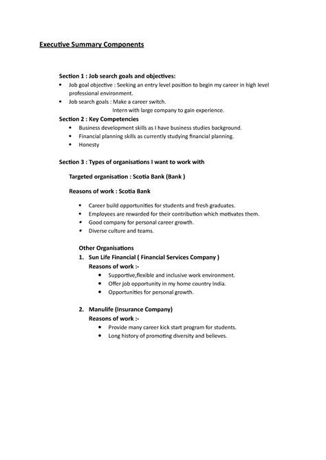 Executive Summary Components Executive Summary Components Section 1 Job Search Goals And