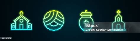 세트 라인 교회 건물 기념 화환 장례 항아리와 빛나는 네온 아이콘 벡터 묘비에 대한 스톡 벡터 아트 및 기타 이미지 묘비 장식용 항아리 0명 Istock