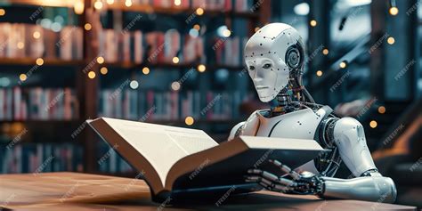 Premium Photo Ai Algorithm Training Concept With Robot Reading Book