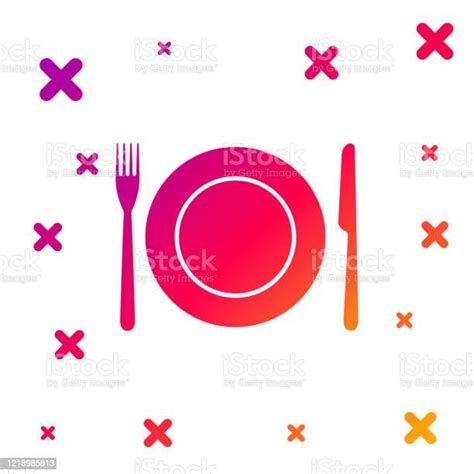 흰색 배경에 격리 된 색상 플레이트 포크 및 나이프 아이콘 칼 기호입니다 레스토랑 간판입니다 그라데이션 임의 동적 모양입니다 벡터 일러스트레이션 가능성에 대한 스톡 벡터