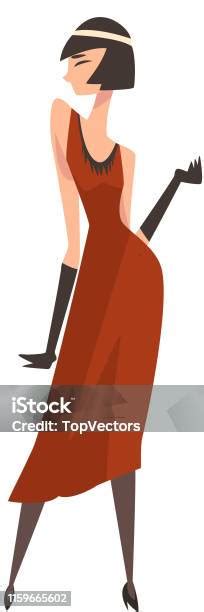 우아한 여자 빨간 복고풍 드레스 1920 년대의 아름 다운 플래퍼 소녀 아르 데코 스타일 벡터 일러스트 복고풍에 대한 스톡 벡터 아트 및 기타 이미지 Istock