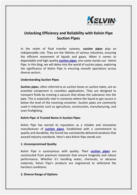 Ppt Unlocking Efficiency And Reliability With Kelvin Pipe Suction Pipes Powerpoint