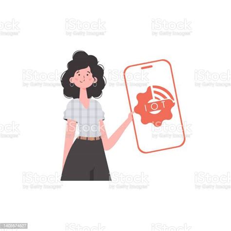 한 여성이 Iot 로고가 새겨진 휴대폰을 손에 쥐고 있습니다 사물 인터넷 및 자동화 개념 트렌디 한 평면 스타일 벡터 일러스트레이션 0명에 대한 스톡 벡터 아트 및 기타