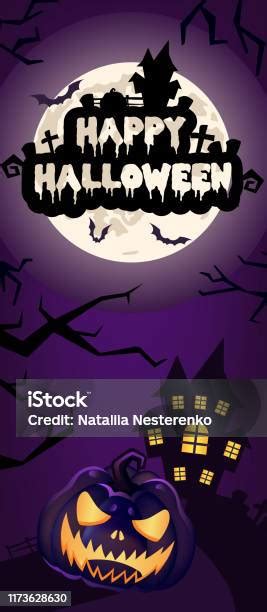 해피 할로윈 수직 배너 템플릿입니다 유령의 집과 달 그림 무서운 유령 호박 문자와 가을 휴일 밤 소름 배경입니다 헬로위엔 소름 고딕 양식의 포스터 레이아웃 10월에 대한