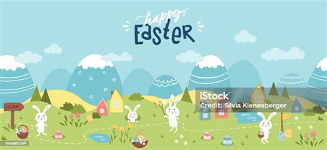 귀여운 부활절 달걀 사냥 디자인 아이들을위한지도 귀여운 토끼 계란과 장식으로 그린 손으로 초대장 배너 배경 화면 벡터에 대한 좋은 부활제에 대한 스톡 벡터 아트 및 기타