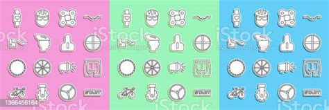 결승선 사이클링 반바지 자전거 바퀴 체인 헬멧 브레이크 스마트 워치 및 좌석 아이콘에 라인 리본을 설정합니다 벡터 검은색에 대한 스톡 벡터 아트 및 기타 이미지 Istock