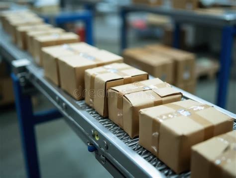 Cardboard Packages Moving Along Assembly Line In Distribution Warehouse