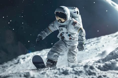 Astronaut In Spacesuit Snowboarding On The Moon Premium AI Generated