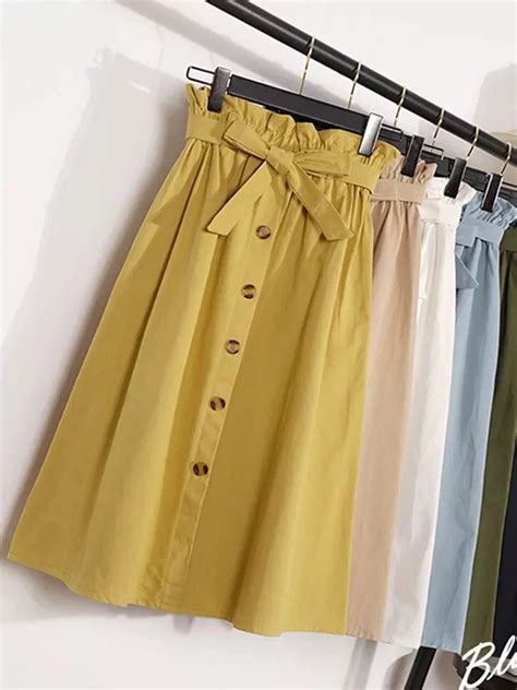 Summer Autumn Skirts Womens Midi Knee Length Korean Elegant Button High