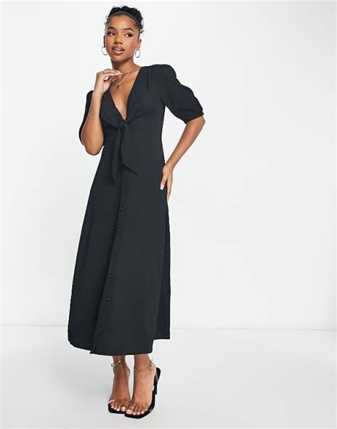 Asos Design Robe Mi Longue Boutonnée Nouée Sur Le Devant Noir Asos