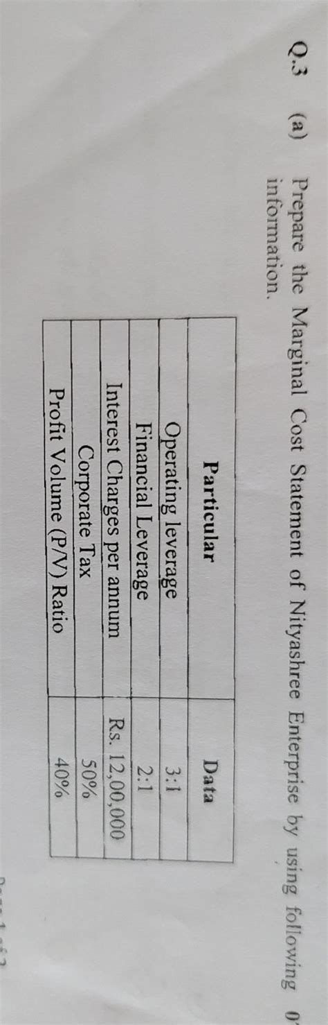 Q3 A Prepare The Marginal Cost Statement Studyx