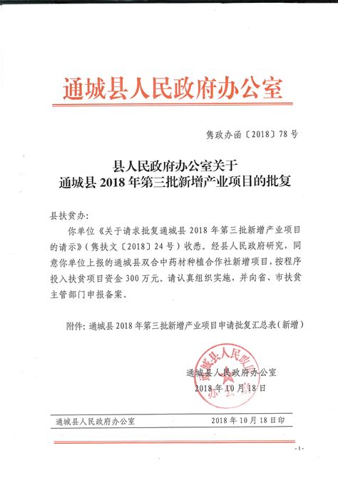 县人民政府办公室关于通城县2018年第三批新增产业项目的批复 通城县政府网