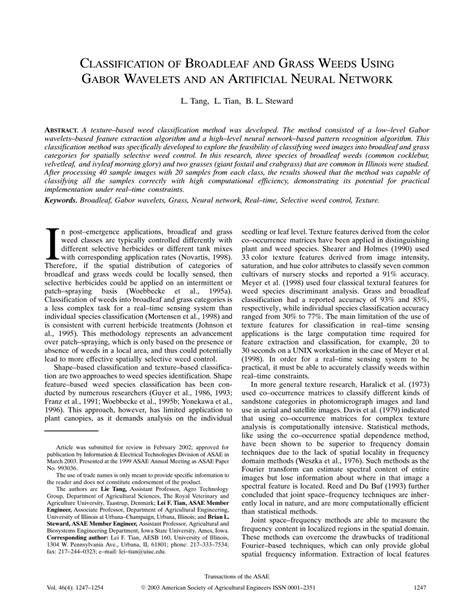 Pdf Classification Of Broadleaf And Grass Weeds Using Gabor Wavelets And An Artificial Neural