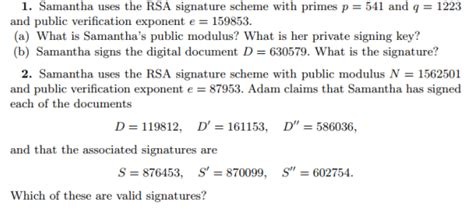 Solved 1 Samantha Uses The RSA Signature Scheme With Primes Chegg Com