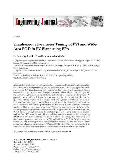 Pdf Simultaneous Parameter Tuning Of Pss And Wide Area Pod In Pv Plant Using Fpa