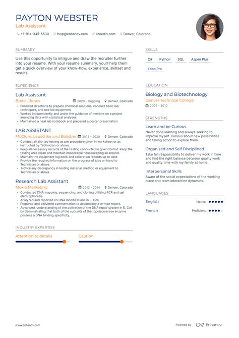 Top Lab Assistant Resume Examples Samples For 2023 Enhancv Com Layout Skills Keywords