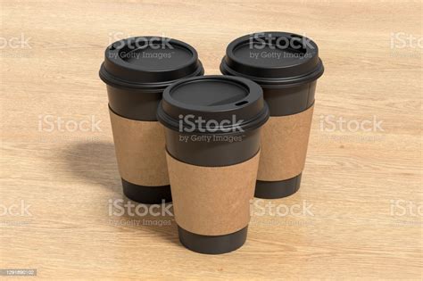 세 개의 검은 색 테이크 아웃 커피 종이 컵 나무 배경에 검은 뚜껑을 조롱 3가지 개체에 대한 스톡 사진 및 기타 이미지 3