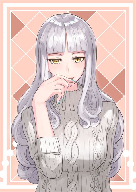 Safebooru 1girl Aran Sweater Bangs Blue Nails Blunt Bangs Breasts