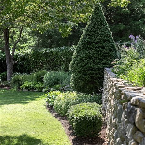 A Stone Wall And A Green Bush In A Garden In Summer Premium Ai