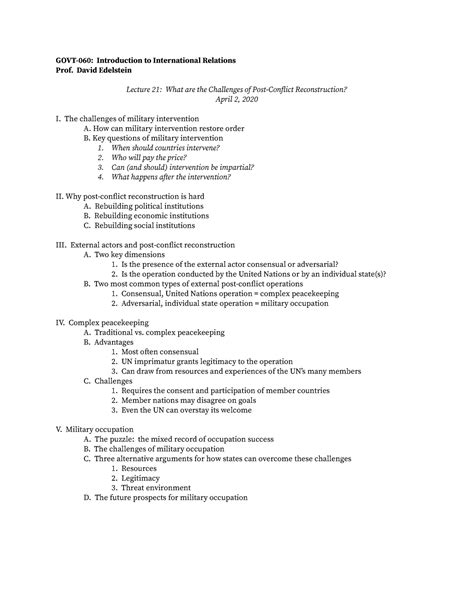 Lecture 21 What Are The Challenges Of Post Conflict Reconstruction Govt 060 Introduction To