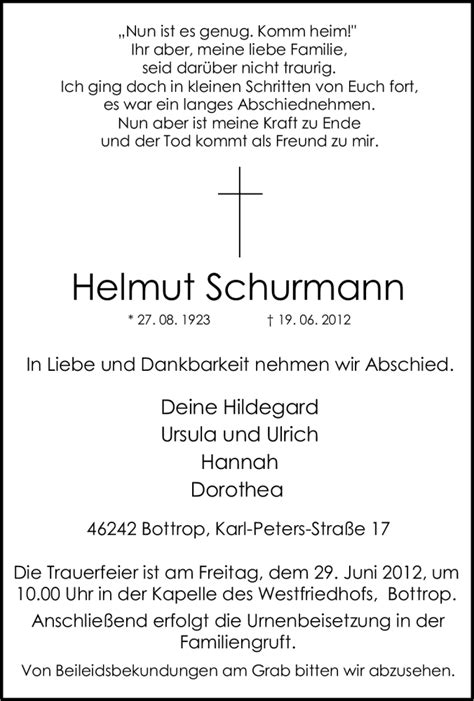 Traueranzeigen Von Helmut Schurmann Trauer In Nrwde
